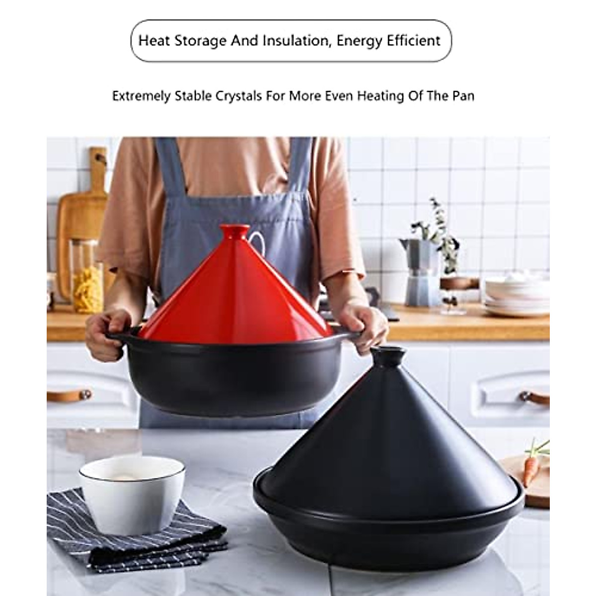 Hand Made Tagine Pot, 30Cm Moroccan Ceramic Tajine Cooking Pot Cookware with Cone-Shape Lid for Stew Casserole Slow Cooker, Large, Red