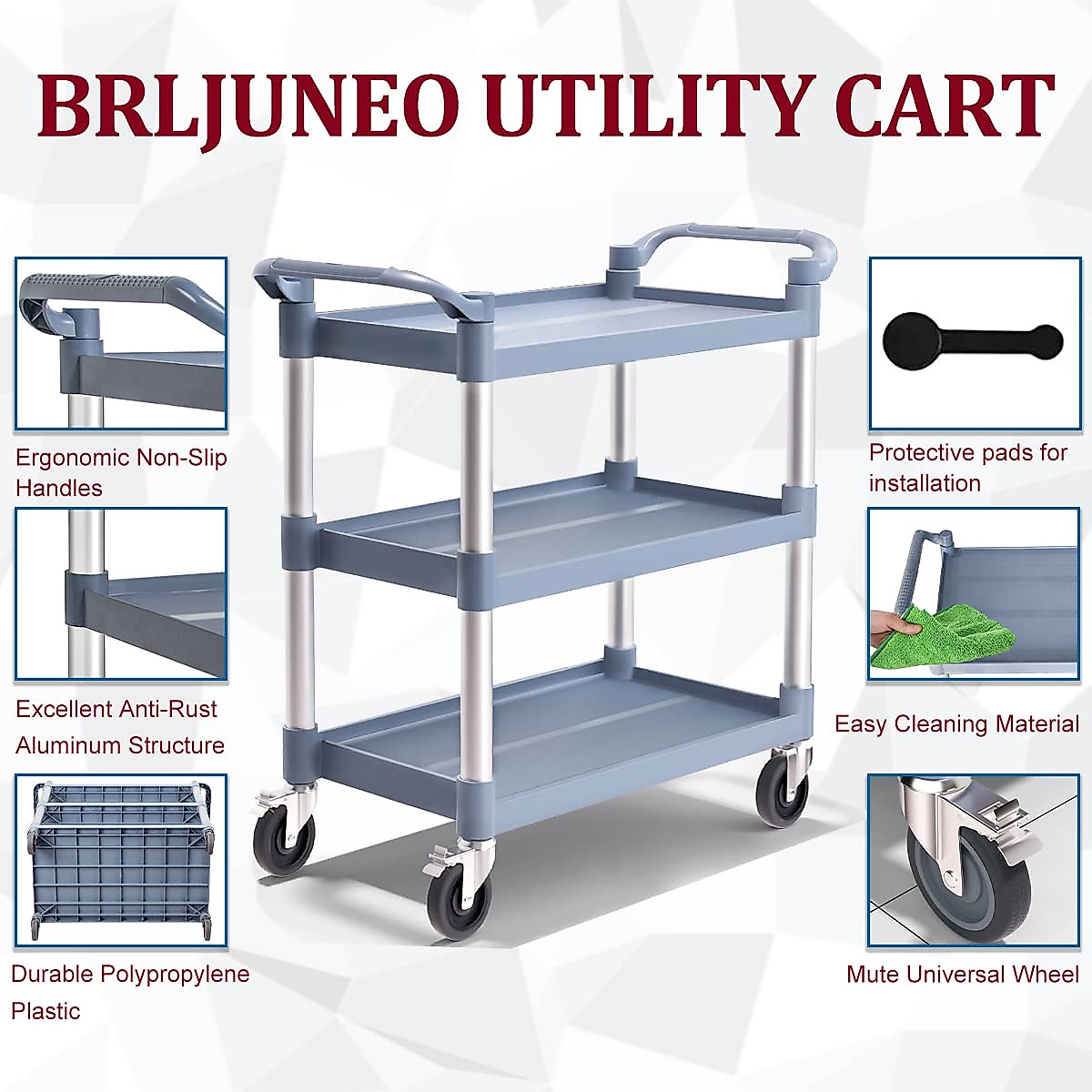 BRLJUNEO Plastic Utility Carts with Wheels, 3-Tier Medium Size Restaurant Food Cart, Heavy Duty 510lbs Capacity Rolling Service Cart w/Hammer for Commercial, Kitchen, Office (Lockable Wheels, M-Grey)