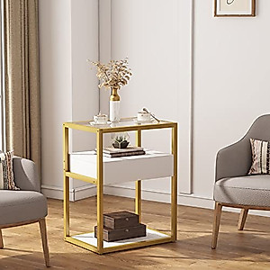 Tribesigns Nightstand Tall Side Table, Modern Simple Style End Table with Drawer and Shelf, Tempered Glass Bedside Table, Metal Frame, 19.6”X15.7”X27.5” (1PC, Gold and White)