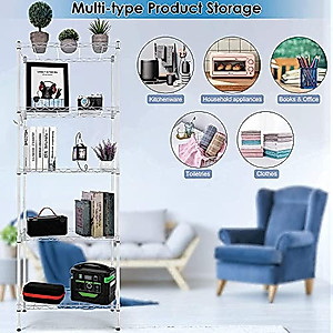 5-Shelf Shelving Units and Storage Heavy Duty, Wire Adjustable Shelf Utility Commercial Steel Organizer, Metal Shelves Wire Rack with 4 Hooks for Kitchen Bathroom Office and Garage, Set of 2 (Silver)