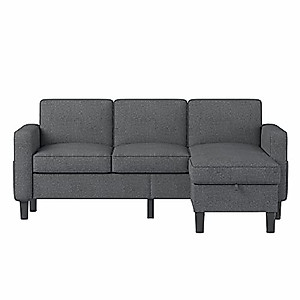 Sectional Sofa Couch Convertible L-Shaped Couches with Storage Ottoman Dark Grey 3 Seater Modern Linen Fabric Futon Sleeper Furniture Set for Living Room Apartment Loft Small Spaces