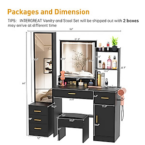 INTERGREAT Vanity Desk with Light and 2 Mirror,Makeup Vanity with 3 Color Lighting Mode,6 Drawers and Shelves,Makeup Mirror for Women and Grils' Bedroom(Black)