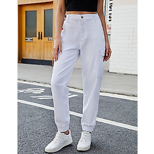 LONGYIDA Women's High Waisted Jean Joggers Elastic Waist Boyfriend Cargo Jeans Casual Loose Denim Joggers Stretch Pants(White,M)