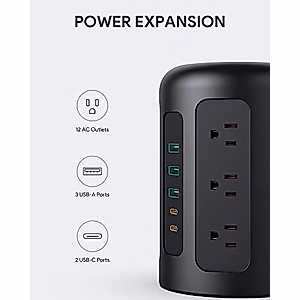 20W USB C Power Strip Tower with 12 AC Outlets, 1500J Surge Protectors, Charging Station for iPhone 14/13 Series, 5FT Extension Cord with Multiple outlets for Dorm Rooms, Home/Office Essentials, Black