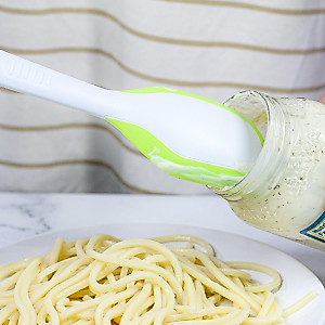 Grand Fusion 5 in 1 Tongs. Serving Set for Pasta or Salad, Herb Stripper, Sauce Spoon, Spatula - Scrapper,Fork and Spoon Spatula Grips. Heat Resistant, Non-Stick, and BPA Free