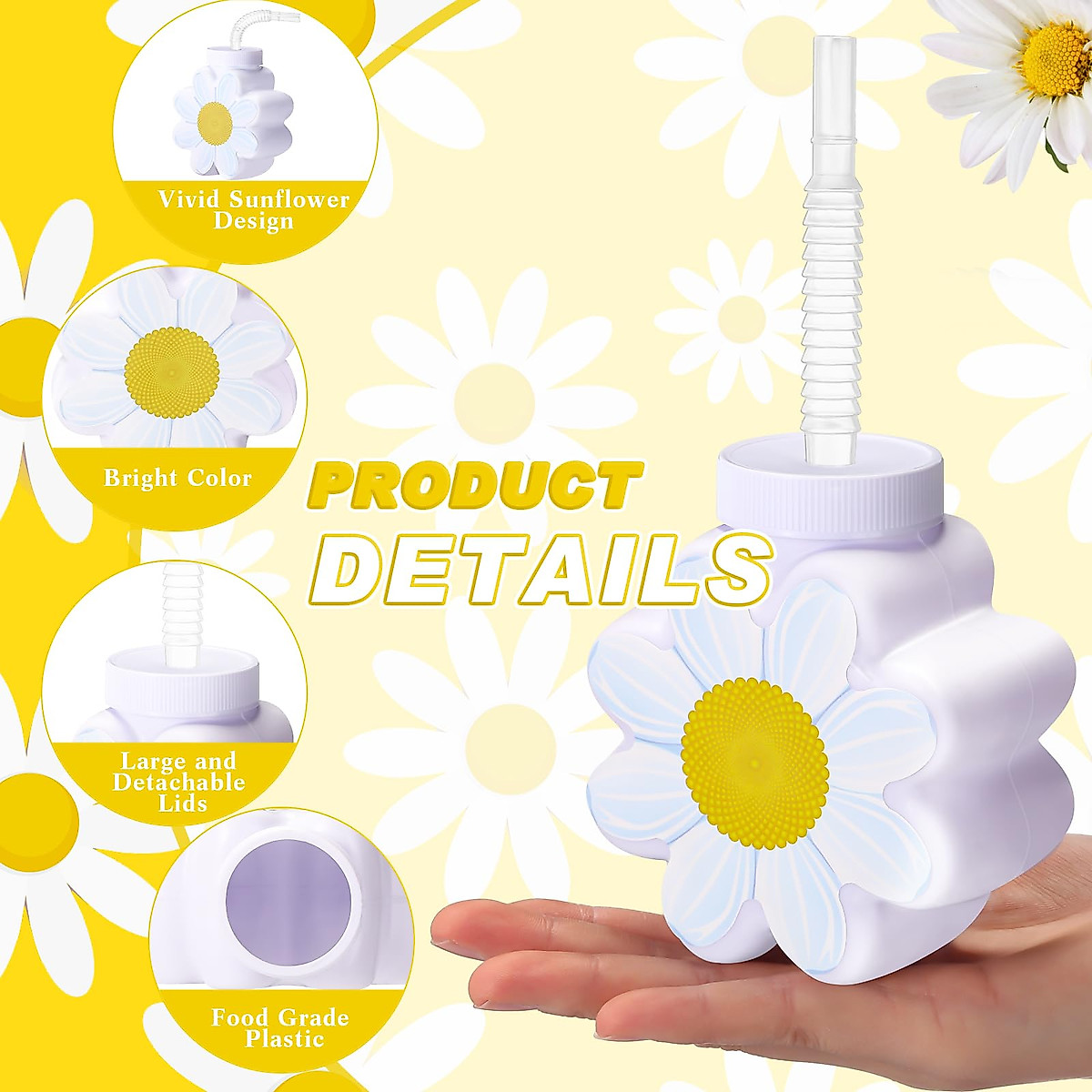 Domensi 12 Pcs Daisy Flower Cups with Lids and Straws, 10 oz Daisy Flower Plastic Cups for Daisy Birthday Party, Daisy Themed Party, Wedding Baby Shower Party Decorations Supplies