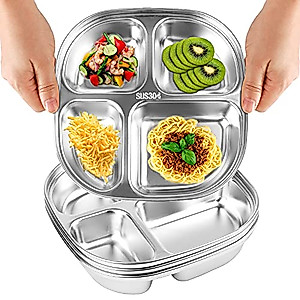 DEAYOU 4 Pack 18/10 Stainless Steel Divided Plates, Small Platter Compartment Tray with 4 Sections, Portion Control Serving Plate, Mess Food Sectioned Tray for Dinner, Lunch, Child, Cafeteria, 7.7"