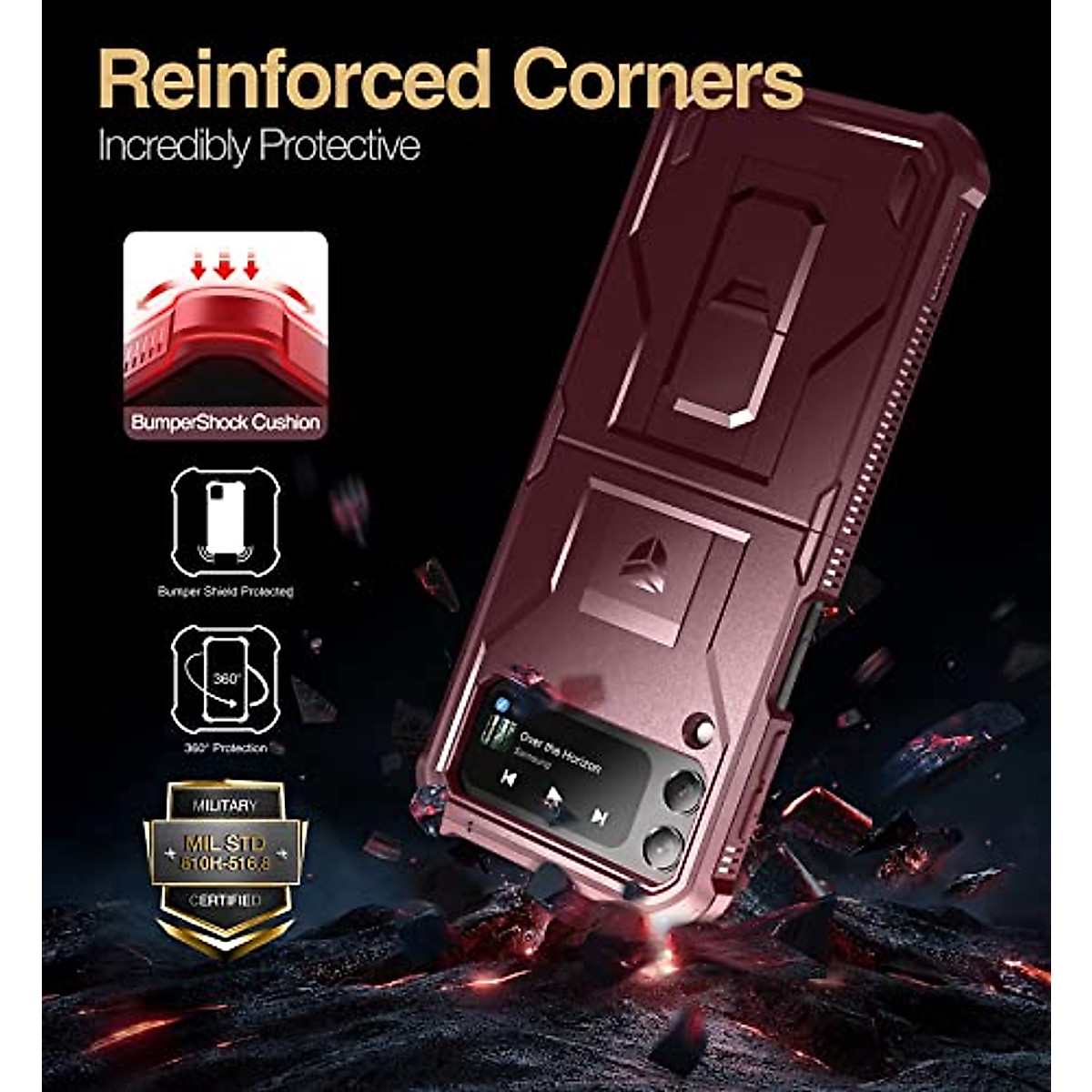 Dexnor Shockproof Case for Samsung Galaxy Z Flip 3 5G,Rugged Bumper Protective Case with Foldable Kickstand, Holster Cover with 360°Rotatable Belt Clip,Maroon Red