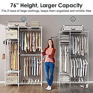Memobarco Clothes-Rack, Metal Clothing-Rack, Heavy Duty Rolling Garment Rack with 4 Tiers Wire Shelving, 3 Hanging Rods & 2 Storage Drawers, Freestanding Portable Closet Wardrobe, White