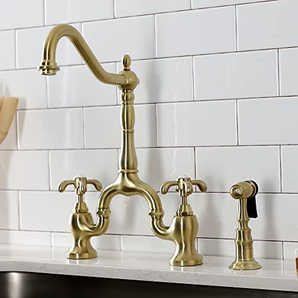 Kingston Brass KS7757TXBS French Country Bridge Kitchen Faucet, Brushed Brass