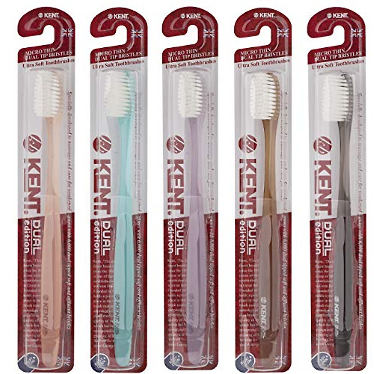 [KENT] CRYSTAL DUAL Regular Head Soft FIRM Action soft Toothbrush, Deep Cleaning for Sensitive Teeth & Gums for Adults - Easy Grip - Ergonomic Design (5 Rustic Color Variations)