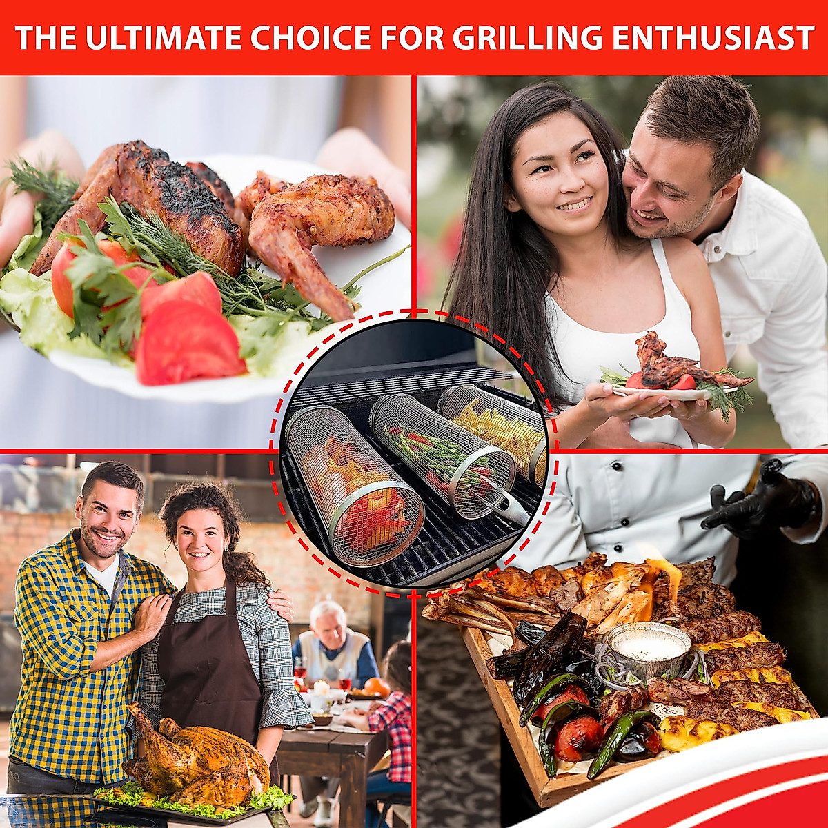 Sunmikosh Rolling Grilling Basket - Barbecue Portable Roll Grill Basket for Outdoor Camping - Stainless Steel BBQ Net Tube Grill Basket, Suitable For Fish, Kabob, Meat, Vegetables, French Fries