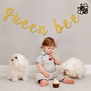 INNORU Queen Bee Banner, Bumble Bee Mom Birthday Party Decorations, Bee Party, Mommy to Be Sign Banner, Happy Birthday Mom Party Decoration Gold Glitter
