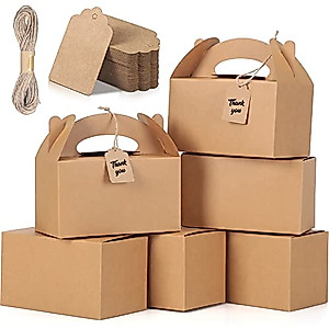 Mimorou 100 Pcs Treat Boxes Brown Goodies Favor Kraft Paper Gift Box Gable for Gifts Dessert with Twines & Tags Birthday Wedding Baby Shower Party, 6.2x3.5x3.5 Inches