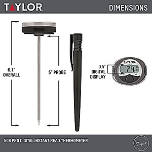 Taylor Pro Dot Matrix Display Oval Instant Read Digital Meat Food Grill BBQ Cooking Kitchen Thermometer, Won't Roll Off Counters, Stainless Steel