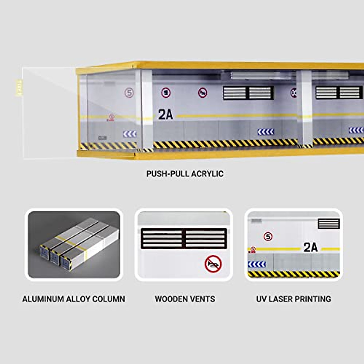 Giorkecl 1/32 Model Car Display Case，Model Car Parking Lot Garage，Display Case for Diecast Cars，6 Parking Space Acrylic Toy Garage with LED Light