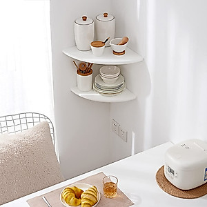 Corner Shelf, White Solid Oak Wood Floating Corner Shelves Wall Mount Round End Floating Speaker Shelf for Small Plant Photo Frame (White, 10in)