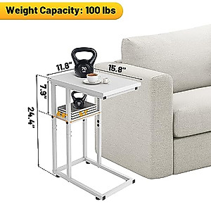 2 Tier C Shaped End Table with Metal Frame, Sturdy C Table Side Table for Couch Sofa Bedside Small Space, C Snack Table TV Tray Record Player Stand Small Tables for Living Room Bedroom, White