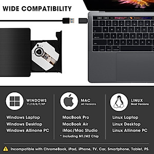 ROOFULL External CD/DVD Drive USB 3.0 Portable CD DVD Player Burner Reader Writer CD/DVD-ROM +/-RW Optical Disk Drive for Laptop PC Mac Windows 11/10/8/7 Linux Computer with Carrying Case