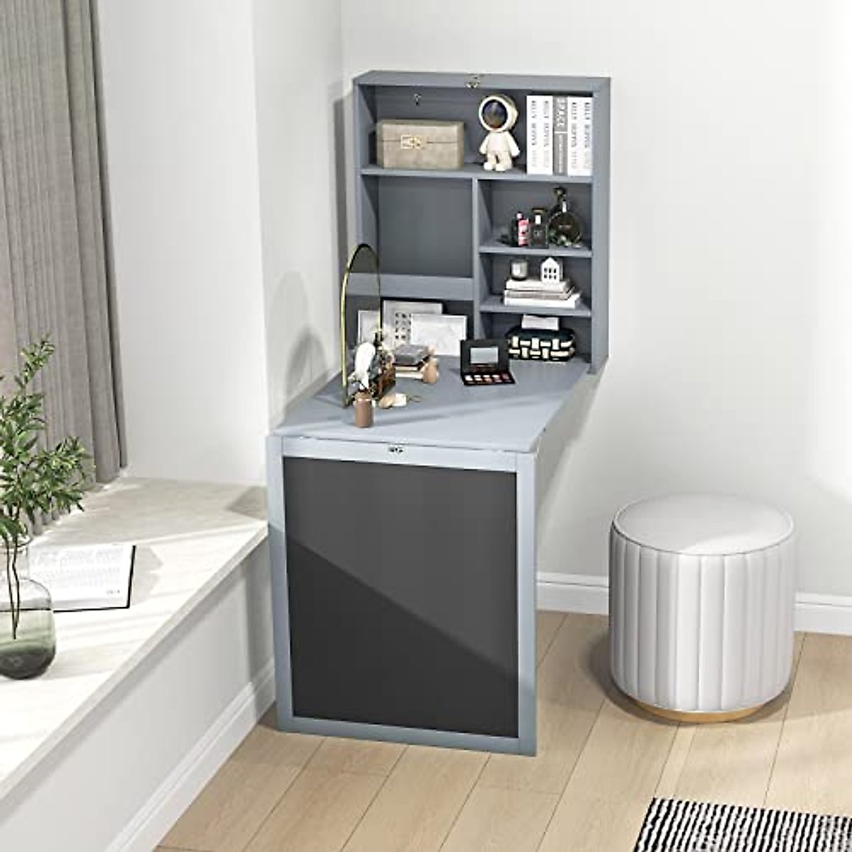 IFANNY Folding Wall Desk, Wall Mounted Fold Out Desk with Storage Shelves & Hooks, Hideaway Desk Wall Mount with Chalkboard, Floating Corner Desk for Small Spaces (Gray)
