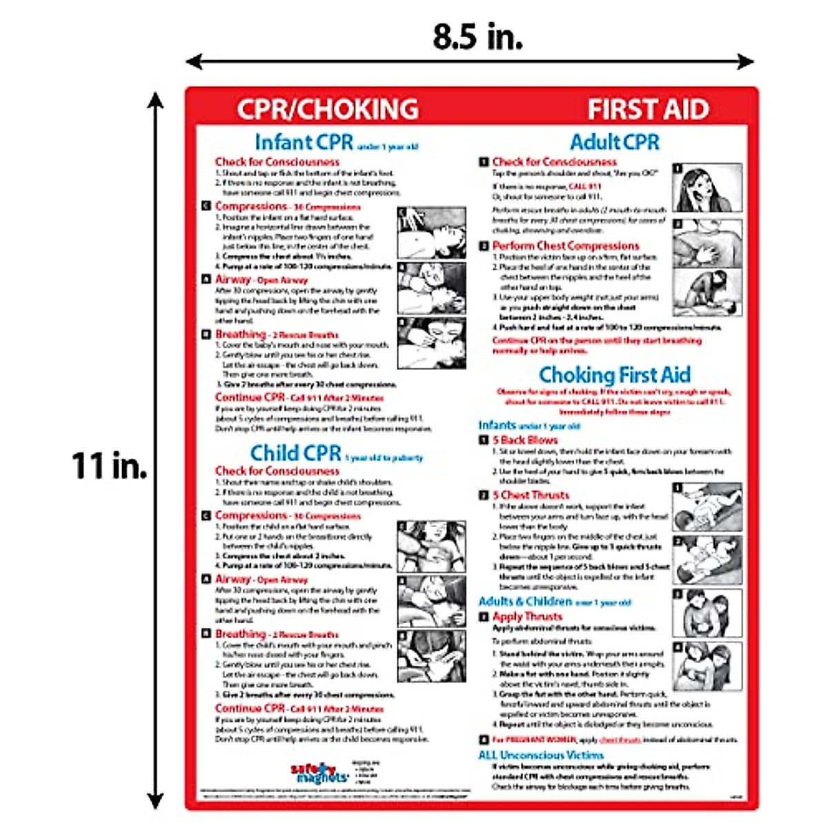 CPR, Choking First Aid Magnet - Babies, Children, Adults - Heimlich Maneuver Emergency Instructions - First Aid Quick Reference Card with Magnets, 8.5 x 11 in.