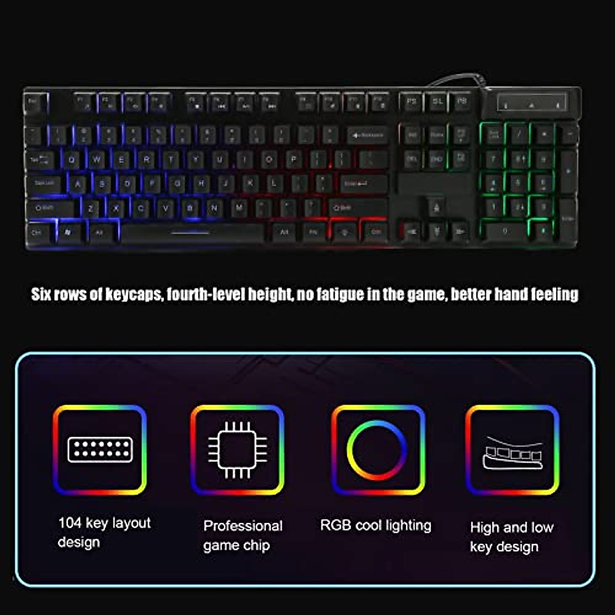 Gaming Keyboard, 104 Keys Wired Ergonomics Design Thickened Low Base Mechanical Keyboard for Home for Gaming for Office(H600 Black Characters-Single Keyboard)