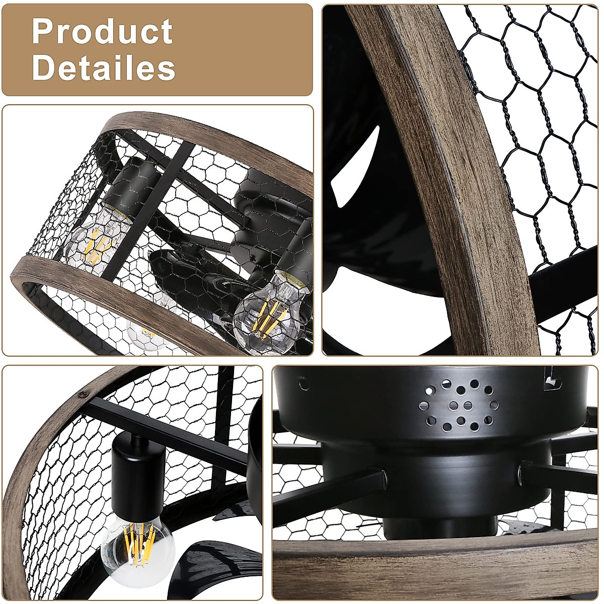 Ohniyou 20'' Flush Mount Caged Ceiling Fan with Lights Remote Control, Farmhouse Rustic Low Profile Small Vintage Enclosed Ceiling Fan Lighting Fixture Bedroom Dining Room