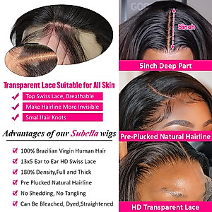 Subella 12A HD Lace Front Wigs Human Hair Pre Plucked Hairline with Baby Hair 180 Density 13x5 Brazilian Straight Human Hair Wigs for Black Women Natural Black Color (14inch)