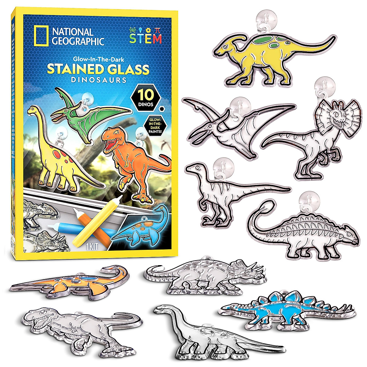 NATIONAL GEOGRAPHIC Glow in The Dark Dinosaur Stained Glass Art Kit - Window Sun Catchers and Crafts for Kids Ages 4-8