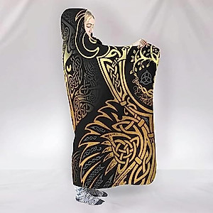 Viking 3D Printing Hooded Blanket Warm And Soft Fenrir Wolf Compass Tree Of Life Unisex Winter Wearable Hooded Blanket Double Thick Plush Wool Blanket Cape ( Color : Blanket , Size : 80x60in/150x200cm
