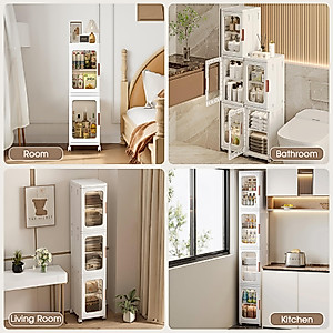 PIBEIBUK 3-Tiers Slim Bathroom Storage Cabinet, Plastic Narrow Storage Organizer with Doors and Shelves, Movable Waterproof Bathroom Floor Cabinet for Small Spaces, Kitchen, Laundry, Office, Bedroom