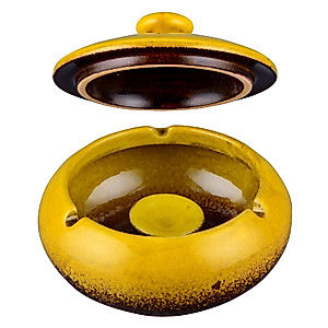 Outdoor Ashtray with Lid & Ceramic Ashtrays for Cigarettes, Round Cute Porcelain Ash Tray Pottery Smoking Holders Indoor Outdoor Patio Home Office Cool Rolling Décor-LAUYOO (Glazed Yellow)