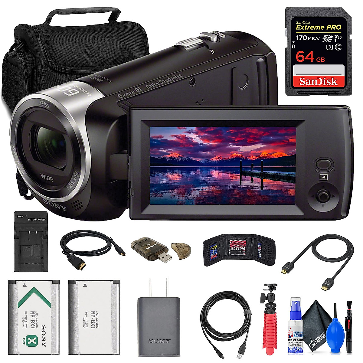 Sony HDR-CX405 HD Handycam (HDRCX405/B) + 64GB Memory Card + Bag + NP-BX1 Battery + Card Reader + HDMI Cable + Charger + Flex Tripod + Memory Wallet + Cleaning Kit, Black (Renewed)