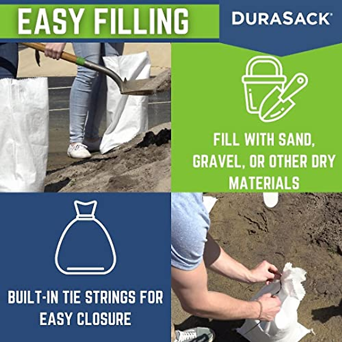 DURASACK Heavy Duty Sand Bags with Tie Strings Empty Woven Polypropylene Sand-Bags with 1600 Hours of UV Protection, 14x26 inches, White, Pack of 100