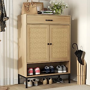 Loomie Rattan Shoe Cabinet, 5-Tiers Shoe Storage Cabinet with Doors, Storage Cabinet with Drawer & Bottom Cubby, 44.3" Tall Boho Shoe Organizer Cabinet for Entryway Hallway Closet (Natural)
