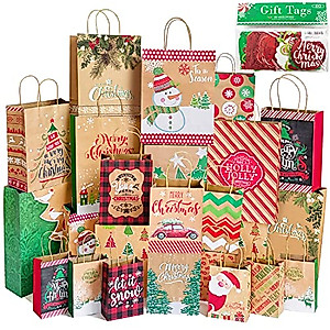 Party Funny 24 Kraft Christmas Gift Paper Bags Bulk with handles and 60 Count Christmas Gift Tags-Assorted sizes set for Wrapping Xmas Holiday Presents(6 Jumbo,6 Large,6 Medium,6 Small)