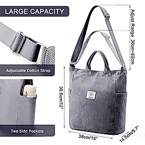 KALIDI Corduroy Tote Bag, Large Messenger Bag Shoulder Hobo Anti Splash Crossbody Zipper Bag Casual Work Shopping Women Grey Blue