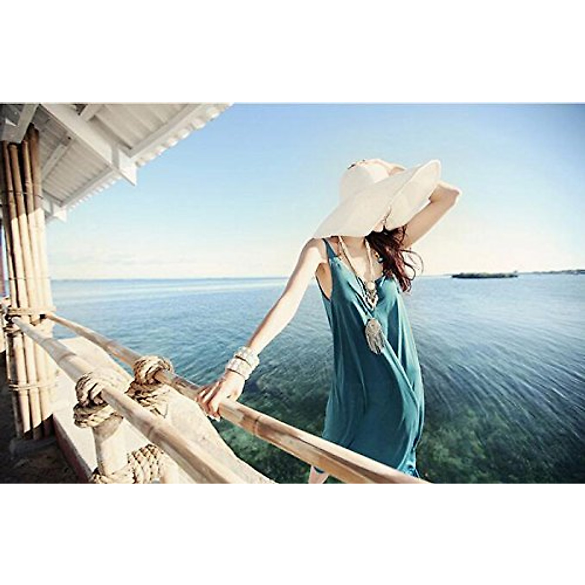 TOPWEL Women's Large Wide Brim Floppy Sun Hat Beautiful Solid Color Beach Sun Visor Shade Straw Hat Cap Summer Beach Hat White