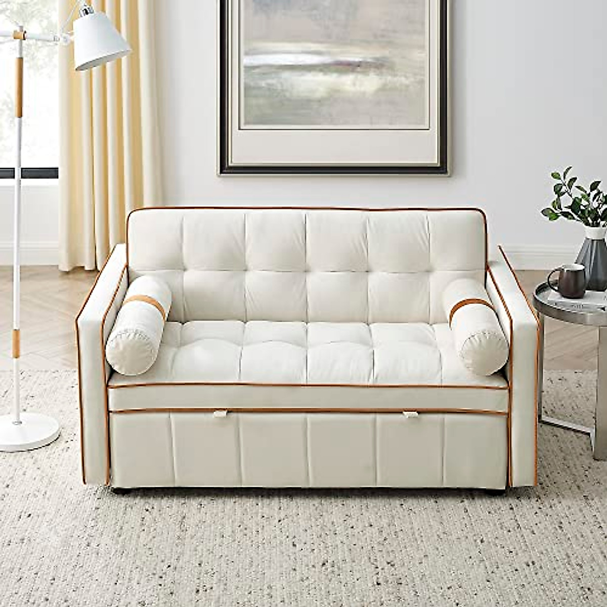 JULYFOX Beige Color Velvet Pull Out Sleeper Sofa,55 in Wide Mid Century Modern Loveseat Couch Sofa Button Tufted with Side Storage Pockets Recline Back Lumber 2 Round Toss Pillows for Small Spaces