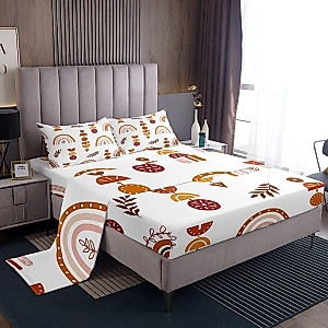 Erosebridal Rainbow Fitted Sheet, Flower Branches Bed Sheet Full Size for Kids Girls Child Teens Women, Cartoon Style Floral Sheet Set Bohemian Iridescent Bedding Set 4 Pieces with 2 Pillow Cases