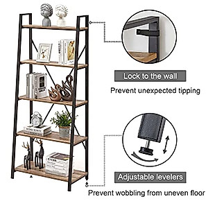 BON AUGURE Rustic Ladder Bookshelf Bookcase, Industrial 5 Tier Ladder Shelf Shelving Unit, Wood and Metal Leaning Shelves for Living Room (Vintage Oak)
