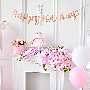 Rose Gold Happy 100 Days Banner, Kid's 100 Days Celebration,100th Day of School - Happy 100 Days Decorations - 100 Days Theme Party Decoration