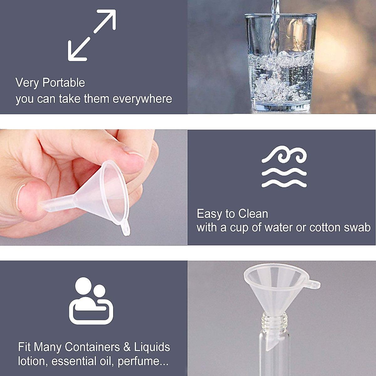 Refillable Cosmetic Containers Funnels, Funnels for Filling Bottles of Lotion, Water, Essential Oils, Lotions, Shampoo, Conditions, Cleaning Products, Pink, Clear, Blue