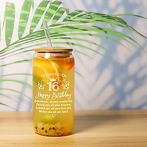 16th Birthday Gifts for Her, Happy 16th Birthday Decorations for Her, Funny 16 Year Old Birthday Gift Ideas for Her, Friends, Sister, Daughter - 16 Oz Can Shaped Glass Cups with Lids and Straws