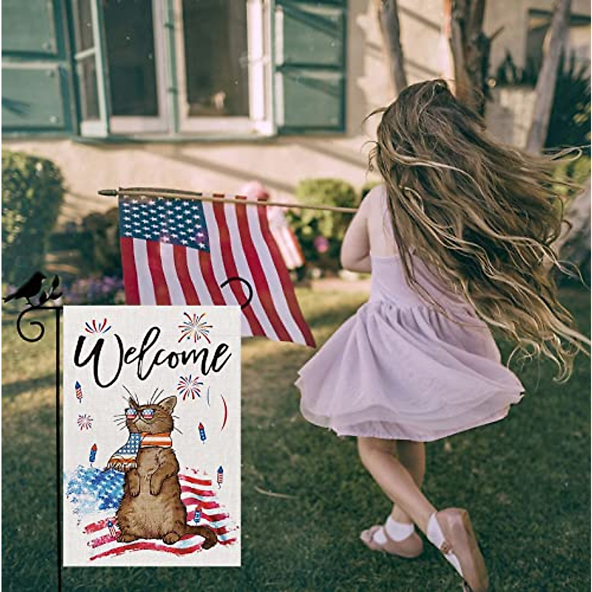 ricluck 4th of July Garden Flag Vertical Double Sided Independence Day Patriotic USA Flag Cat Burlap Welcome Memorial Day Summer Blue Red White Garden Size: 12 x 18inch HEMFLAG0039 0