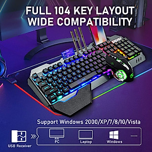 Wireless Gaming Keyboard Mouse and Wired Computer Speaker with Rainbow RGB Backlit Rechargeable Battery Metal Mechanical Ergonomic Waterproof Dustproof Removable Palm Rest for Laptop PC Gamer(Black)