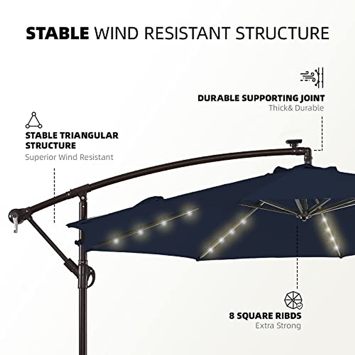 wikiwiki 10 FT Solar Offset Hanging Umbrella, Lighted Patio Cantilever Umbrella with 32 Lights, Infinite Tilt, Fade Resistant RECYCLED FABRIC Canopy & Cross Base, for Yard, Garden & Deck(Navy Blue)