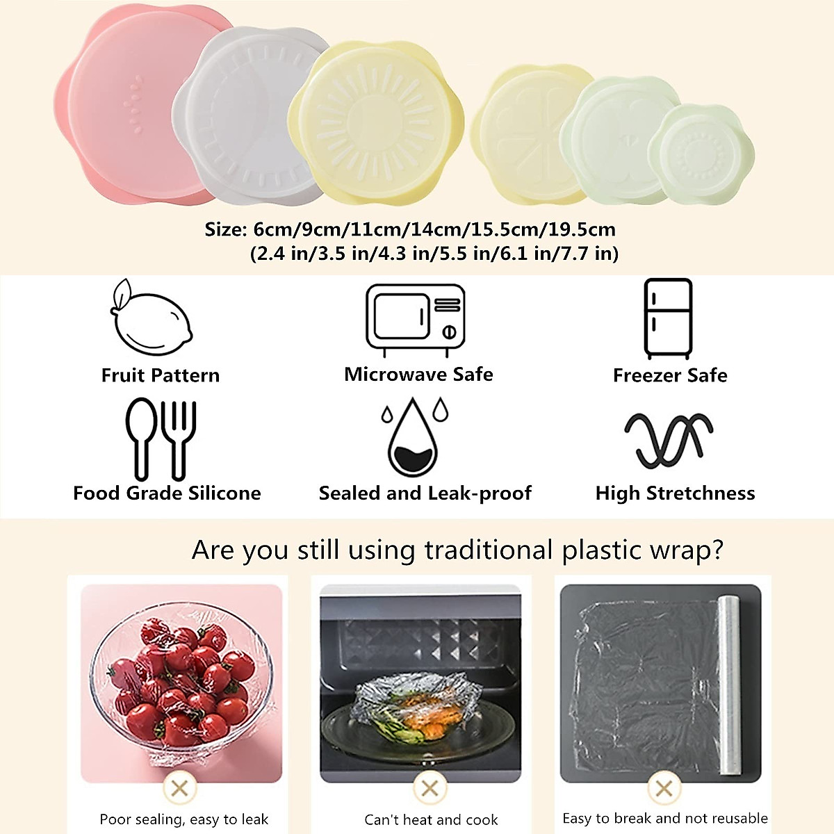 Silicone Stretch Lids Set for Food Storage, Fruit Pattern Food-grade Reusable Silicone Sealing Food Covers for Fresh-keeping Bowl Container Microwave and Dishwasher Safe (6 pcs of Different Sizes)