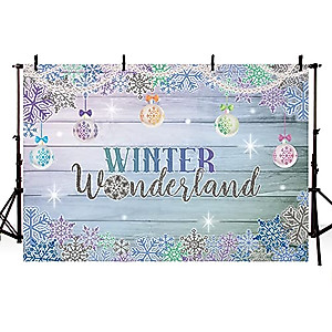 MEHOFOND 7x5ft Winter Wonderland Christmas Rustic Wood Backdrop for Photography Ice Blue Snowflake Boy Girl Birthday Background Baby Shower Party Decorations Photo Booth Props