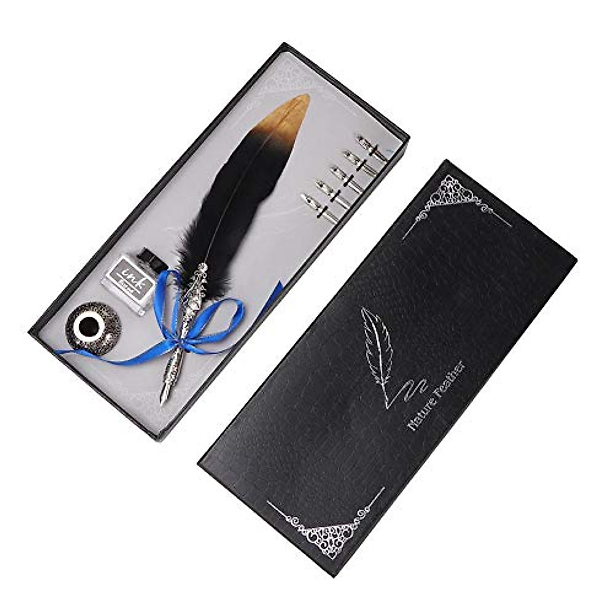 Serounder Quill Pen Set, Classical Calligraphy Fountain Pen Feather Quill Dip Pen Ink Bottle Set with Gift Box (Black)